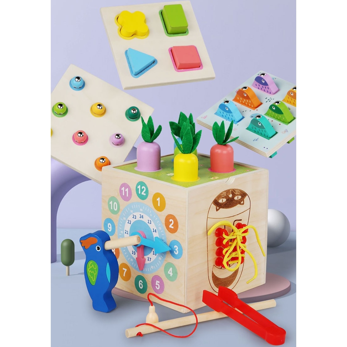 Jucarie educativa, Cub din lemn 8 in 1, cu Activitati de tip Montessori ...