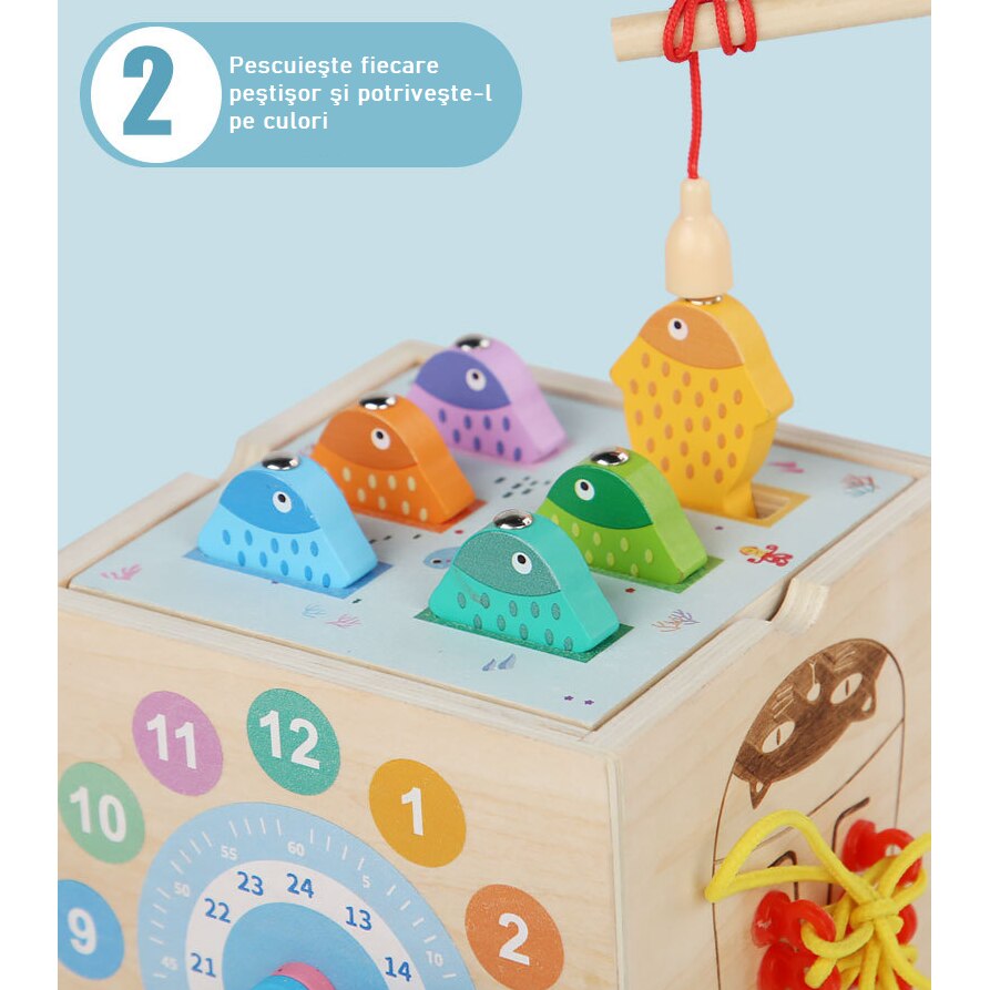 Jucarie educativa, Cub din lemn 8 in 1, cu Activitati de tip Montessori ...