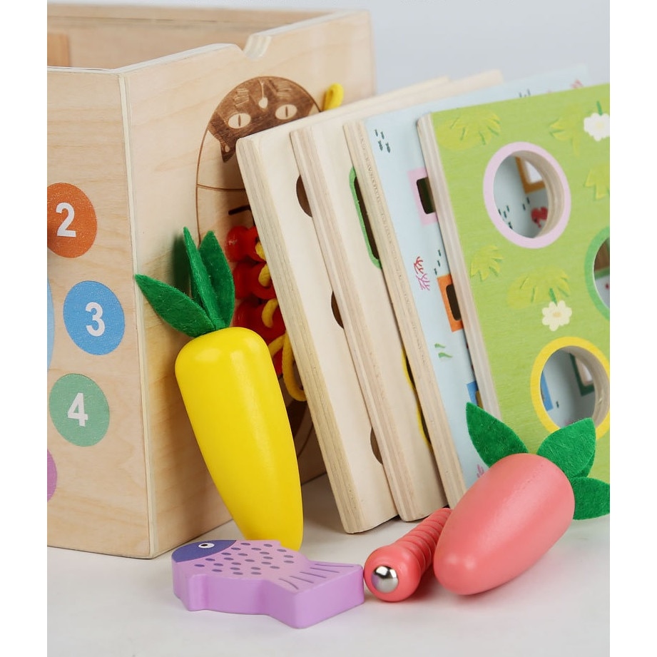 Jucarie educativa, Cub din lemn 8 in 1, cu Activitati de tip Montessori ...