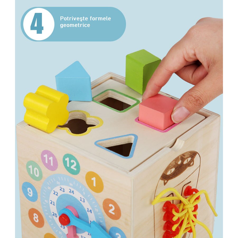 Jucarie educativa, Cub din lemn 8 in 1, cu Activitati de tip Montessori ...