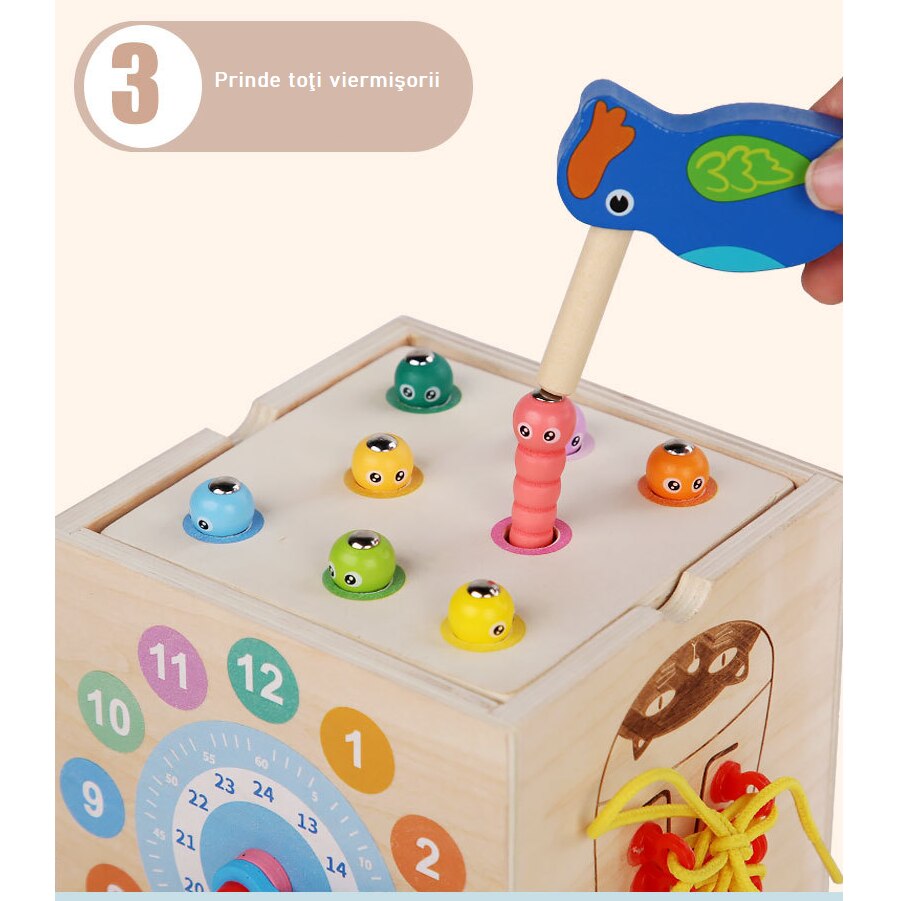Jucarie educativa, Cub din lemn 8 in 1, cu Activitati de tip Montessori ...