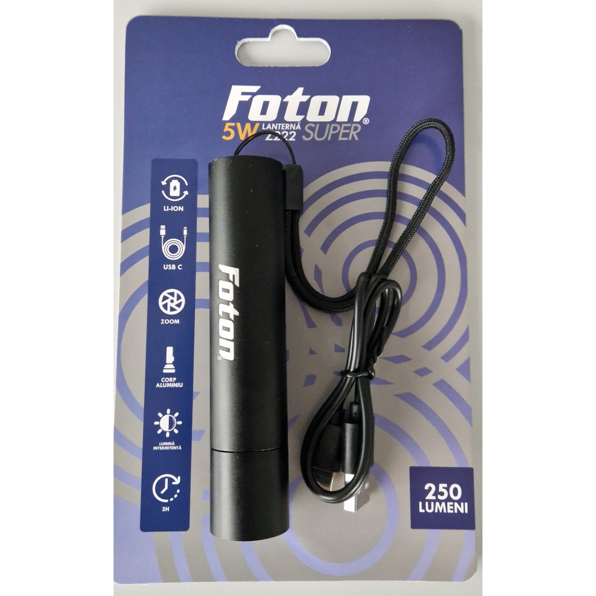 Lanterna LED reincarcabila Foton Super Z222, 5W, 250 lm, Zoom, lupa ...