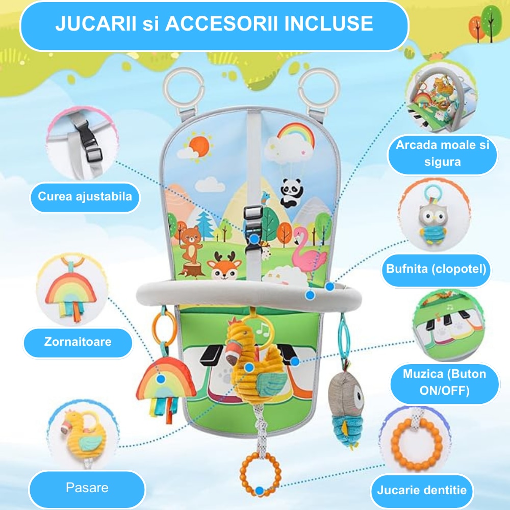 Jucarie interactiva bebelusi cu prindere de scaun auto, model 3 in 1 ...