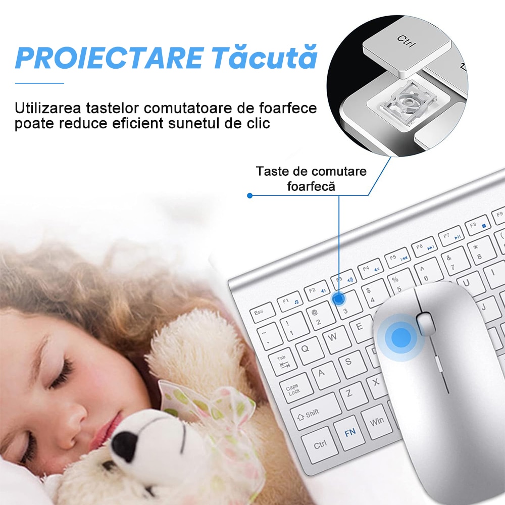 Kit tastatura si mouse fara fir, Akimy, 2.4G, ultra-subtire, silentios ...