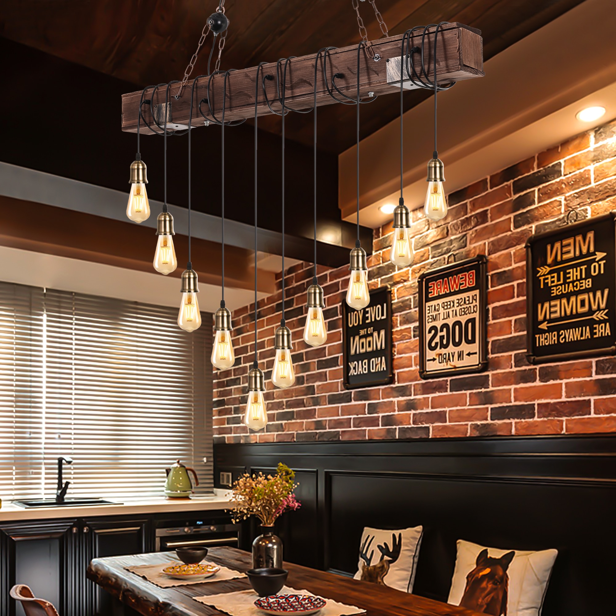 Lustra Vintage retro lemn, Toolight, 10 brate reglabile, Suport E27 ...