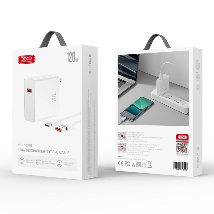 Incarcator priza XO L128, 120W, 1xUSB, Quick Charge 3.0, Cablu USB - Type-C inclus, Alb - eMAG.ro