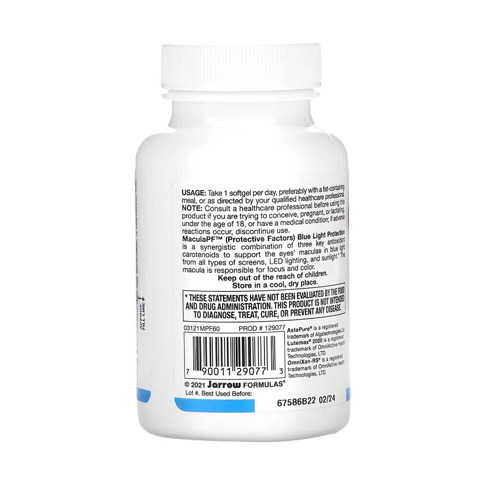 Macula PF, Lutein, Zeaxanthin, Astaxanthin, Jarrow Formulas, 60 ...