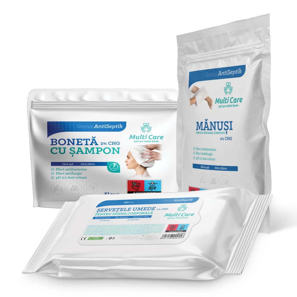 Pachet boneta cu sampon fara clatire + manusi pentru spalarea corpului + servetele umede pentru ...