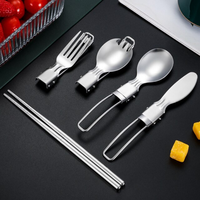 5 db-os kemping evőeszköz készlet, BOMSTOM, összecsukható, rozsdamentes ...