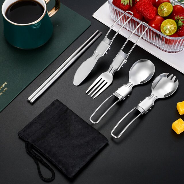 5 db-os kemping evőeszköz készlet, BOMSTOM, összecsukható, rozsdamentes ...