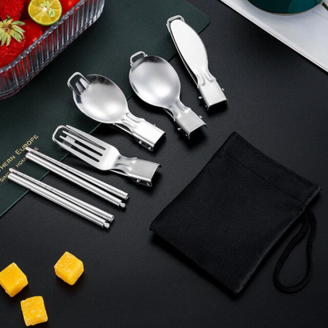 5 db-os kemping evőeszköz készlet, BOMSTOM, összecsukható, rozsdamentes ...