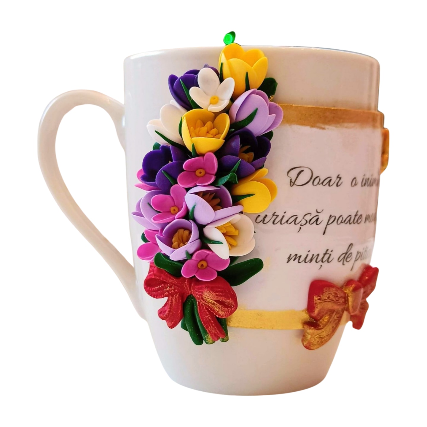 Cana personalizata educatoare, handmade, buchet de flori, lut polimeric ...