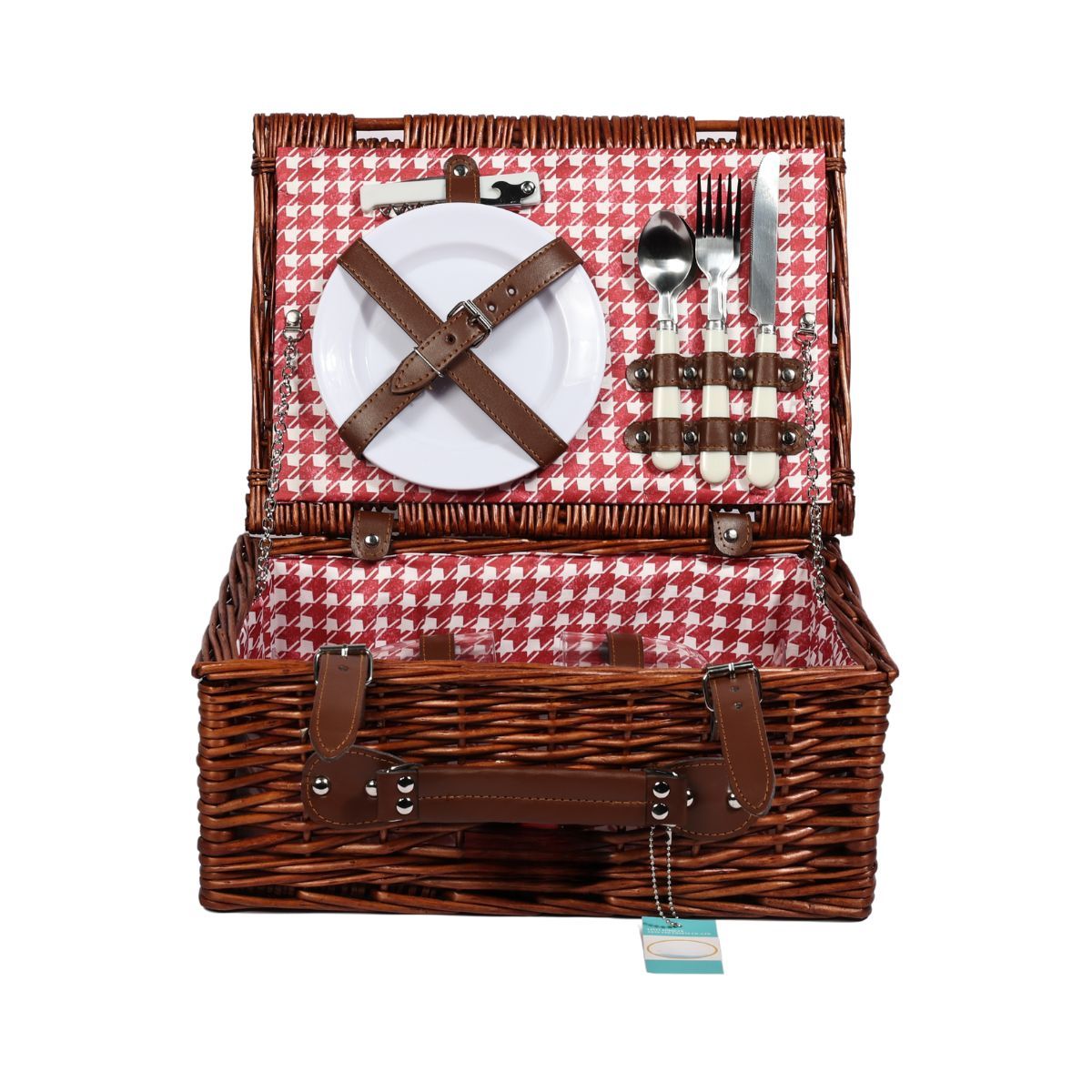 Cos de picnic pentru 2 persoane, rachita naturala, cu vesela si ...