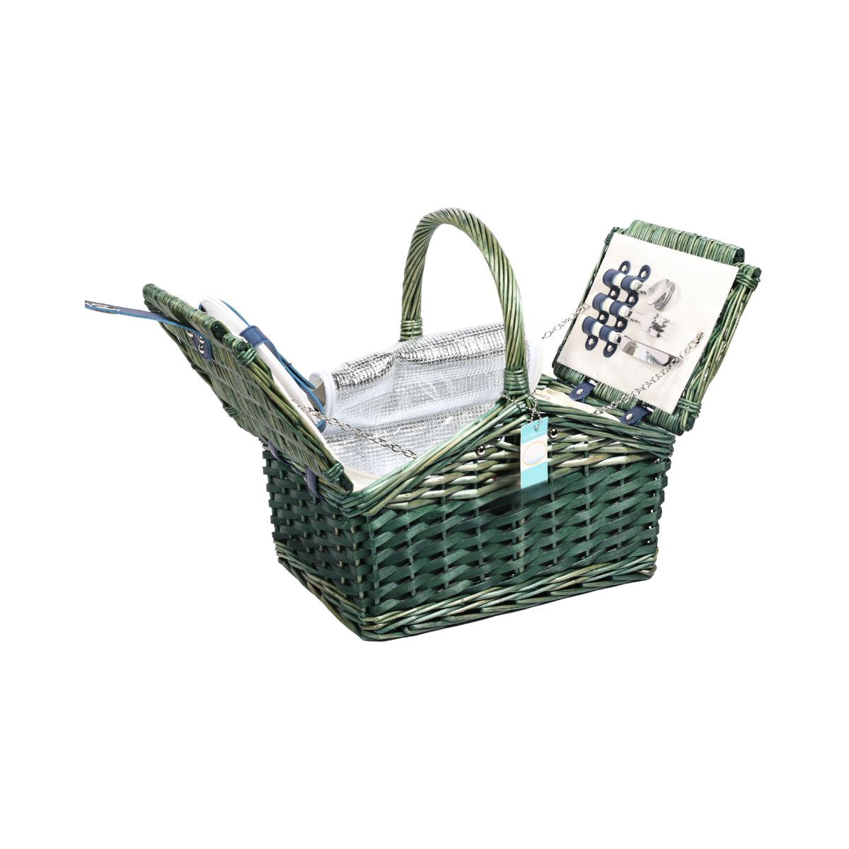 Cos de picnic pentru 2 persoane din rachita naturala, vesela, tacamuri ...