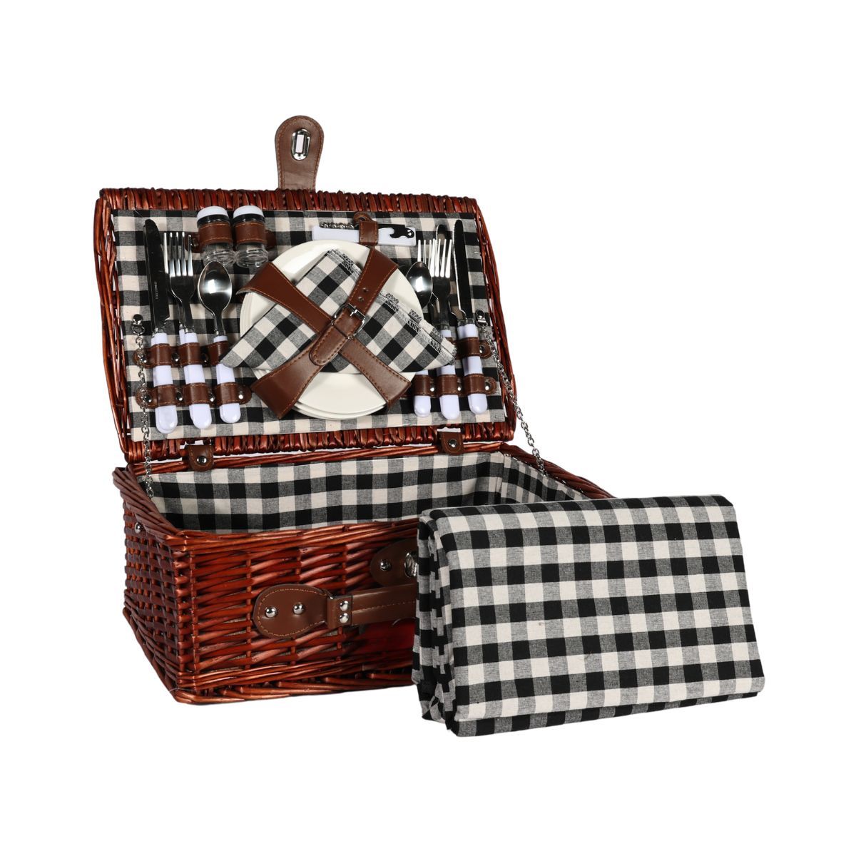 Cos de picnic pentru 4 persoane, rachita naturala, cu capac, vesela ...