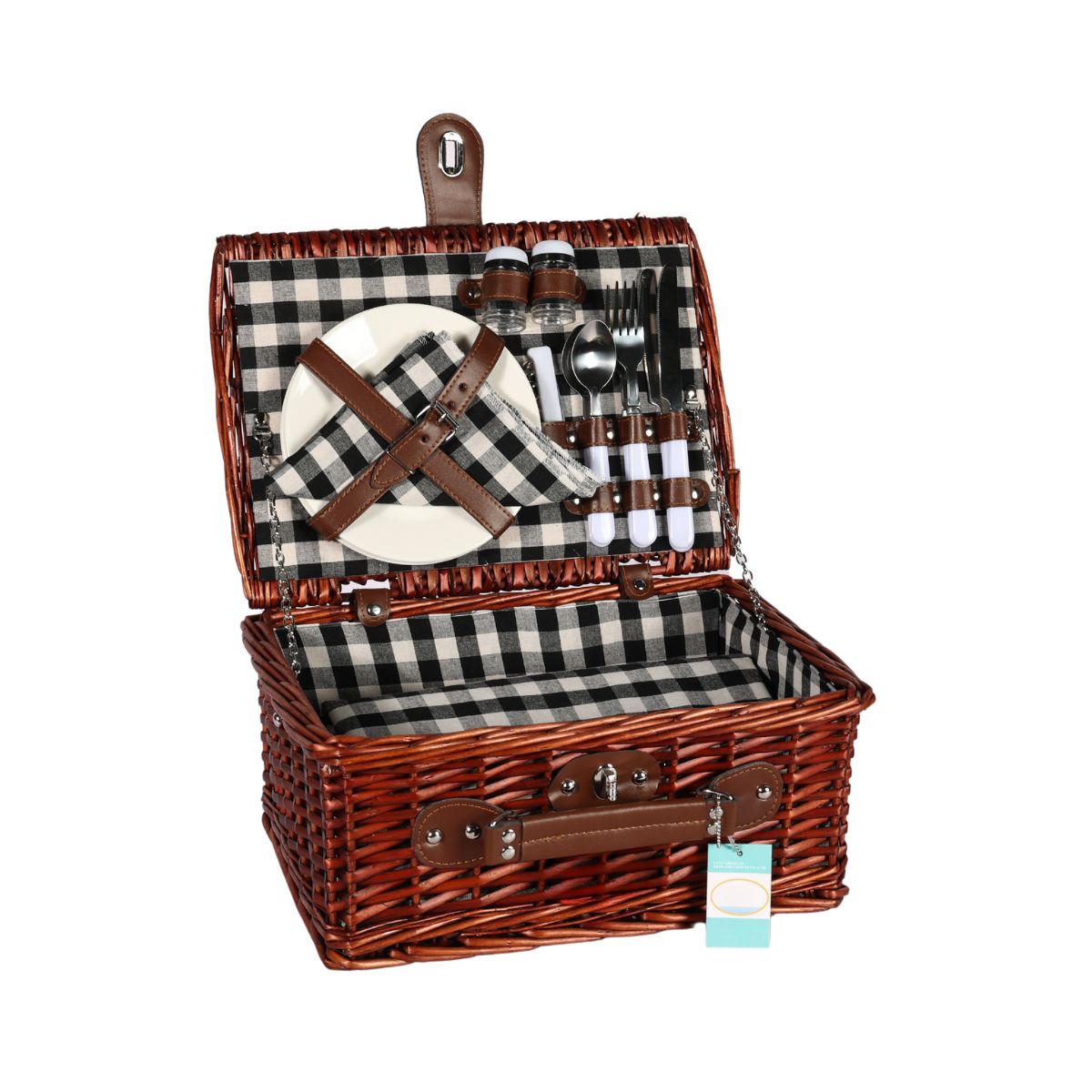 Cos de picnic pentru 2 persoane, rachita naturala, cu vesela, tacamuri ...