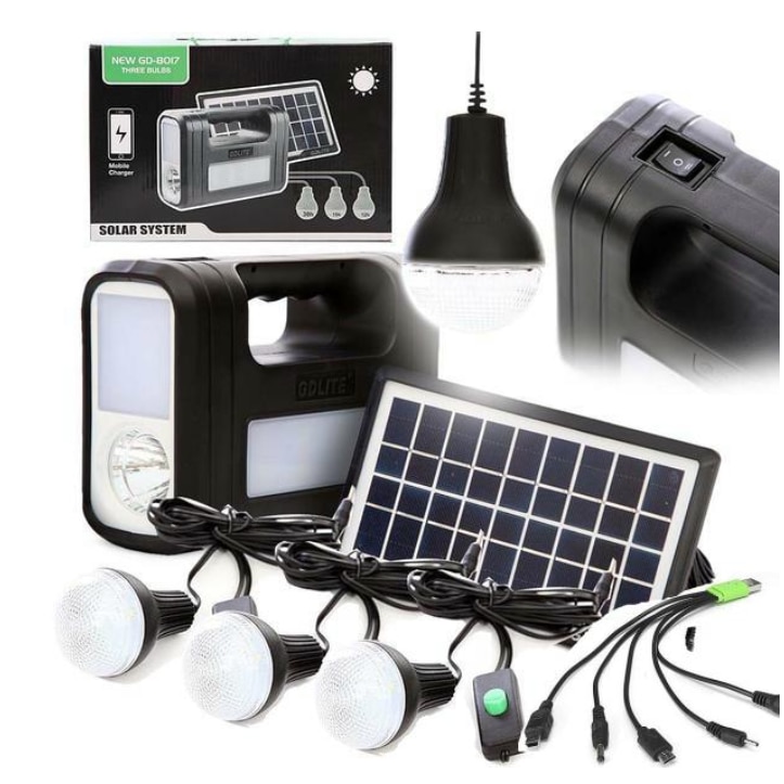 Kit solar GD-Lite 8017, dotat cu dispozitive USB cu 3 becuri LED ...