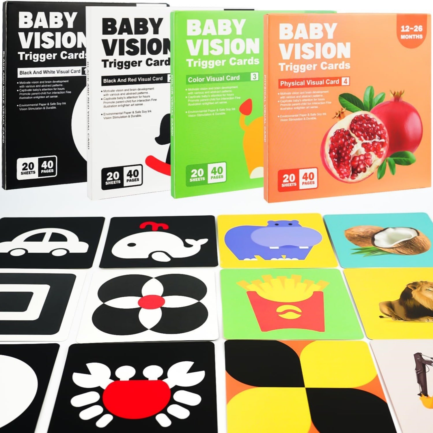 Set 4 carti educative, JESWO, 20 cartonase/buc, stimulare vizuala la ...