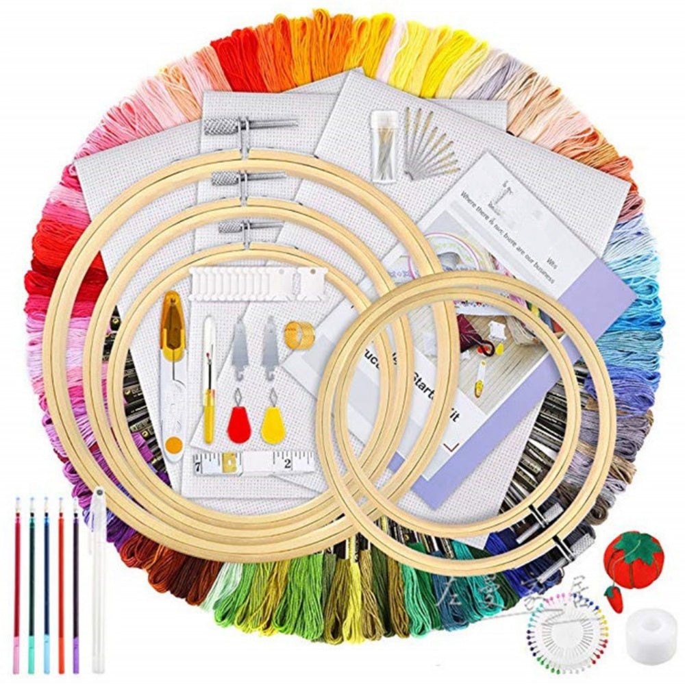 Kit profesional de broderie, 100 fire broderie, 5 cercuri bambus ...