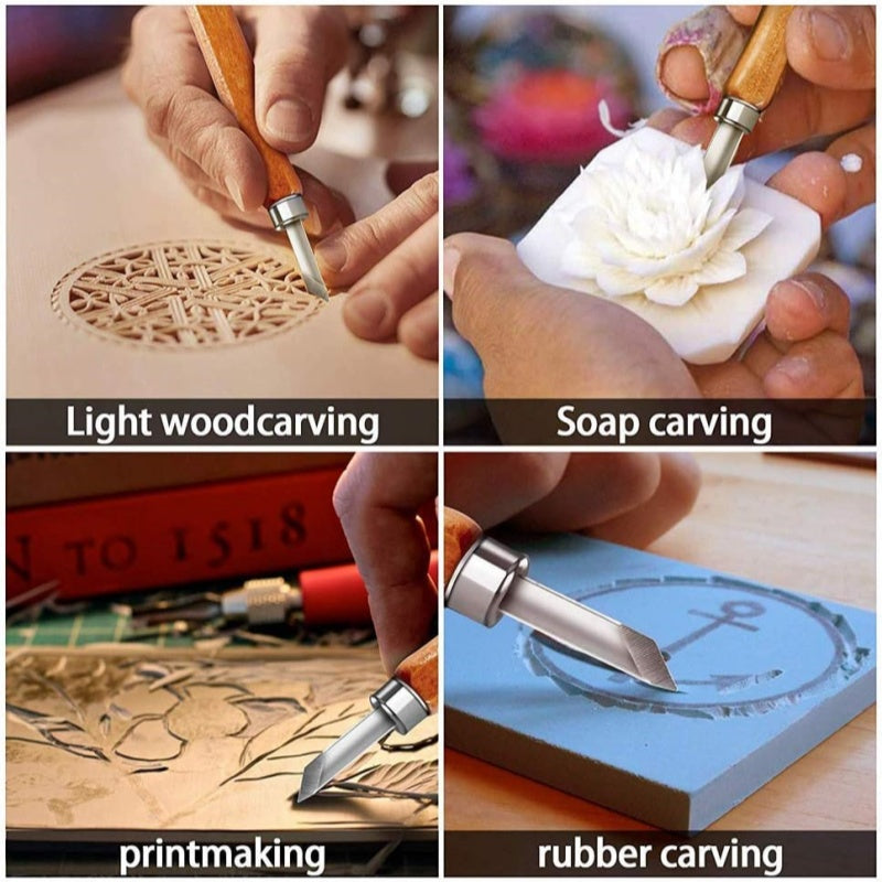 Kit 12 accesorii sculptura in lemn, JESWO, lame din otel carbon, maro ...