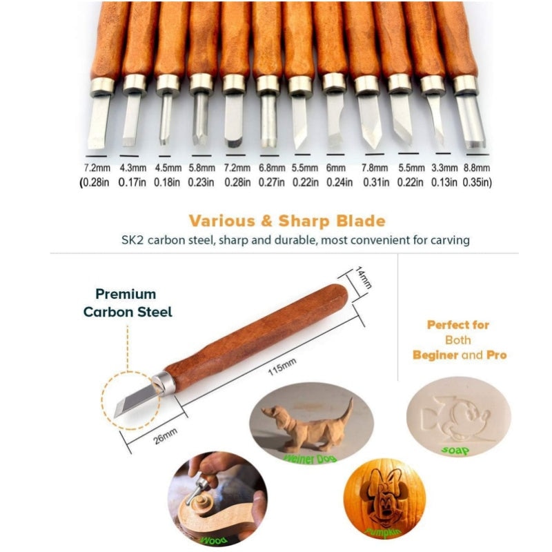 Kit 12 accesorii sculptura in lemn, JESWO, lame din otel carbon, maro ...