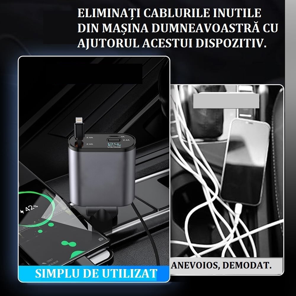 Incarcator Auto Rapid Retractabil 4 in 1 VENTLEX, Afisaj Digital ...