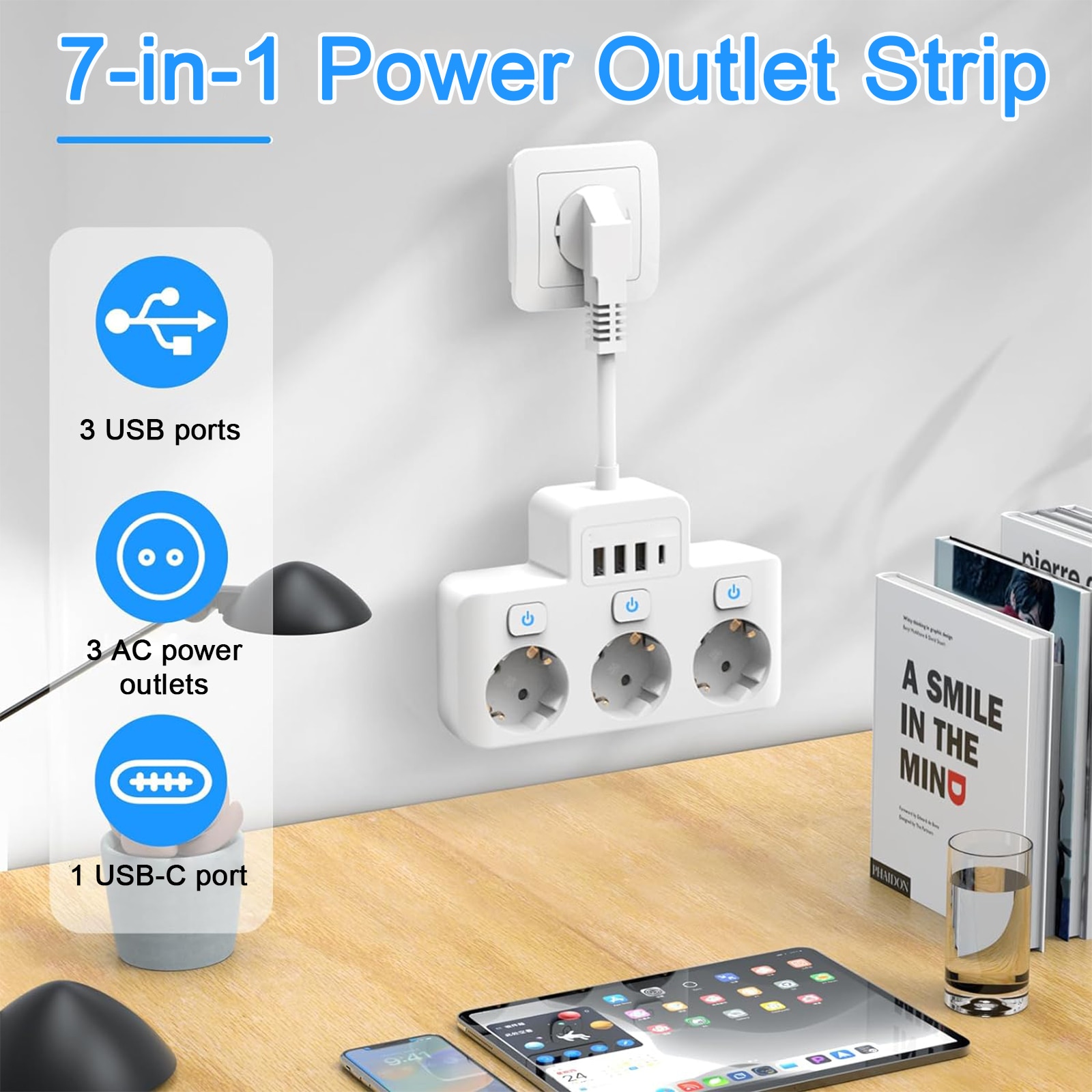 Prelungitor inteligent, NUODWELL, 7-in-1, 3 porturi, 3xUSB, 1xUSB-C, 3 ...