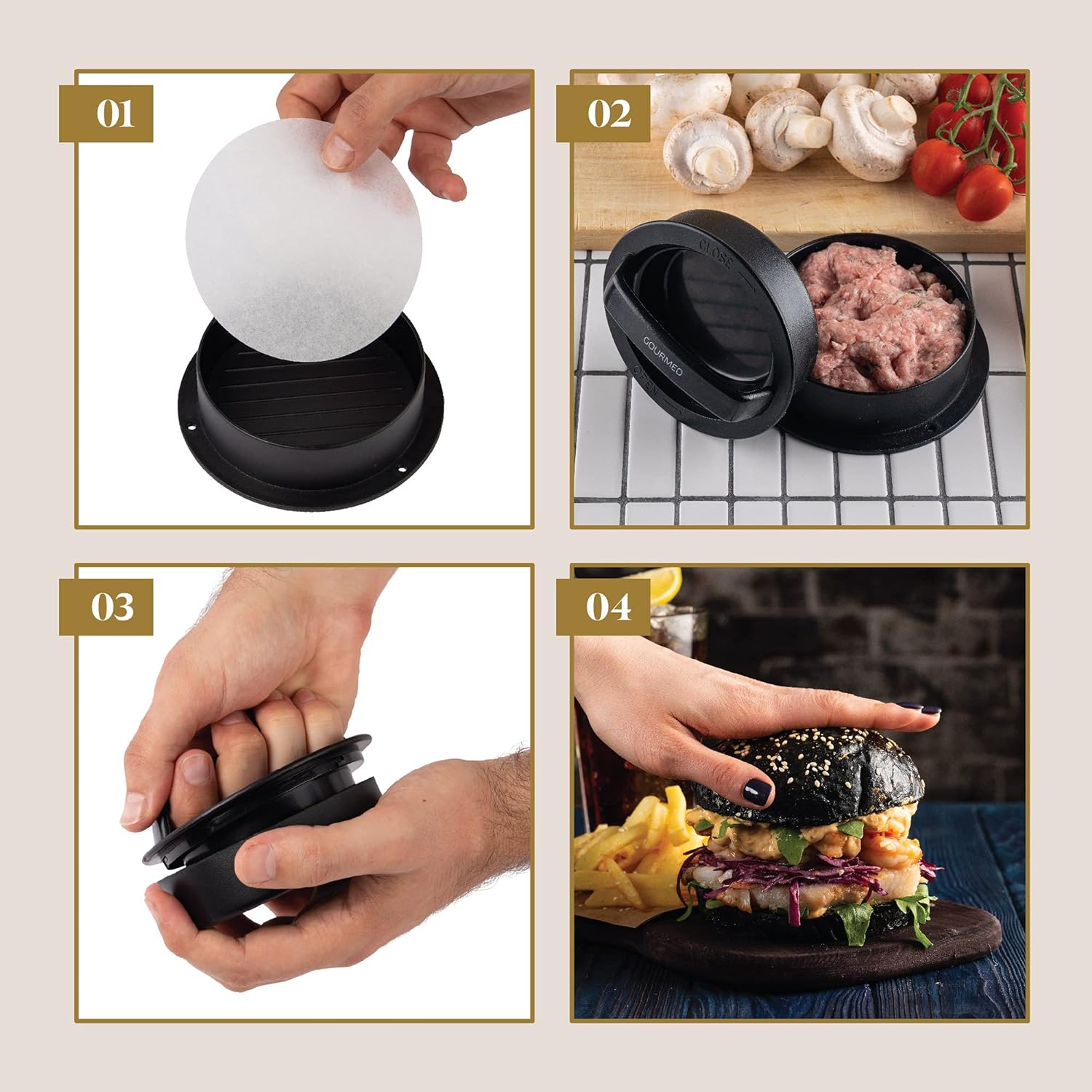 Set presa burger 3-in-1, Gourmeo, antiaderent, dimensiuni variate ...