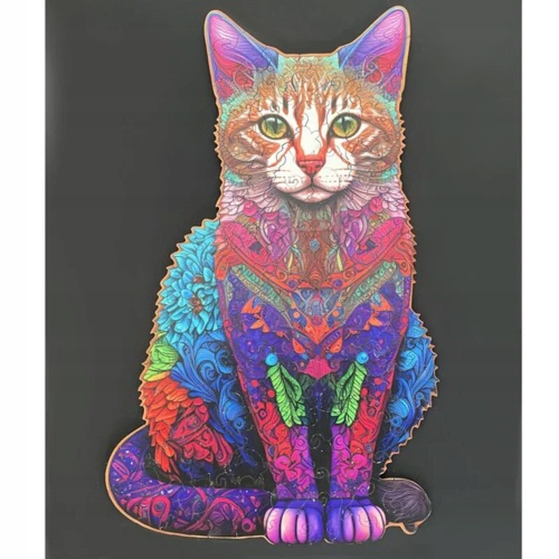 Puzzle din lemn, Zola, pisica colorata, piese in forma de animale, 130 ...