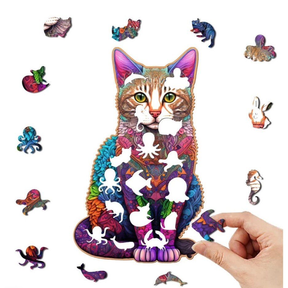 Puzzle din lemn, Zola, pisica colorata, piese in forma de animale, 130 ...