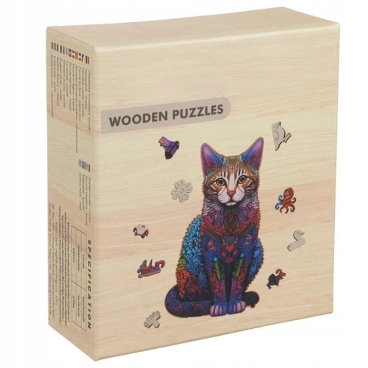 Puzzle din lemn, Zola, pisica colorata, piese in forma de animale, 130 ...