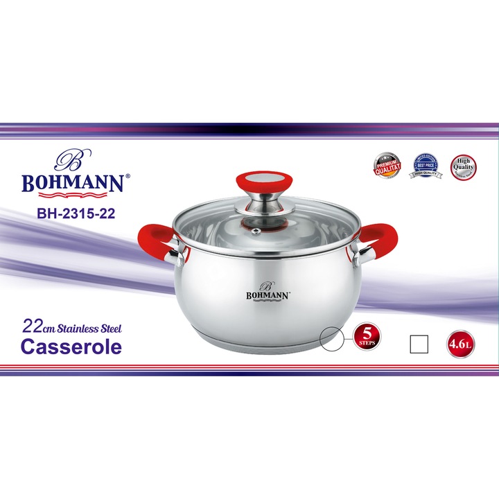 Тенджера Bohmann с капак, неръждаема стомана, индукция, 22 см * 12,5 см ...