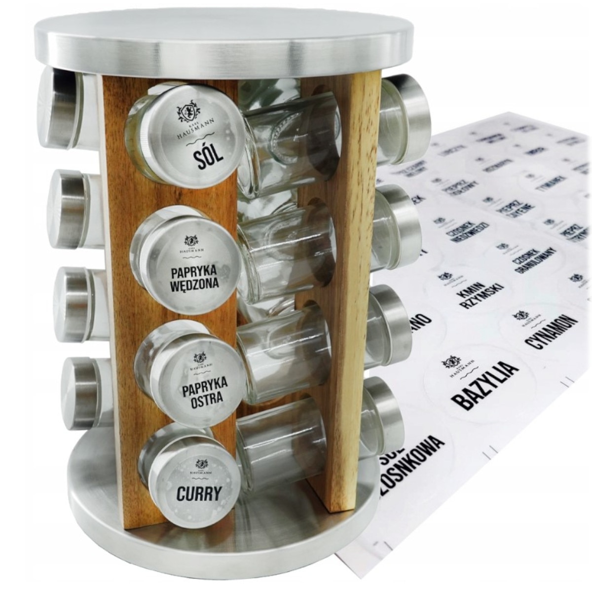 Raft pentru condimente, 16 borcane pentru condimente, Lemn + inox ...