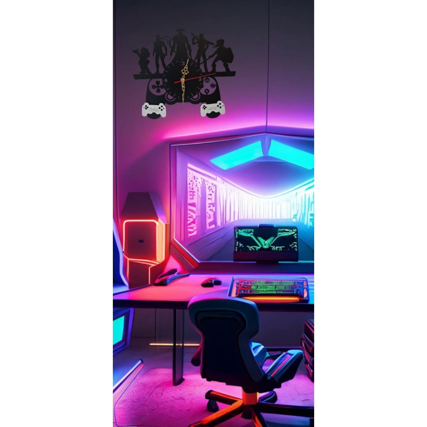 Ceas decorativ de perete, Gaming, mecanism silentios, 32 cm, Negru ...