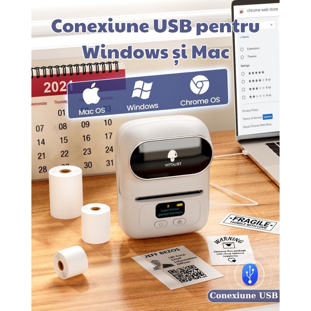 Imprimanta Etichete Termica Portabila VITTALIST M110, Bluetooth, Fara ...