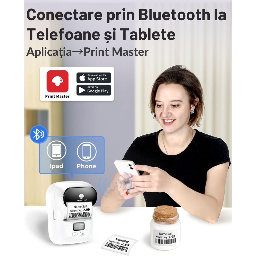 Imprimanta Etichete Termica Portabila VITTALIST M110, Bluetooth, Fara ...