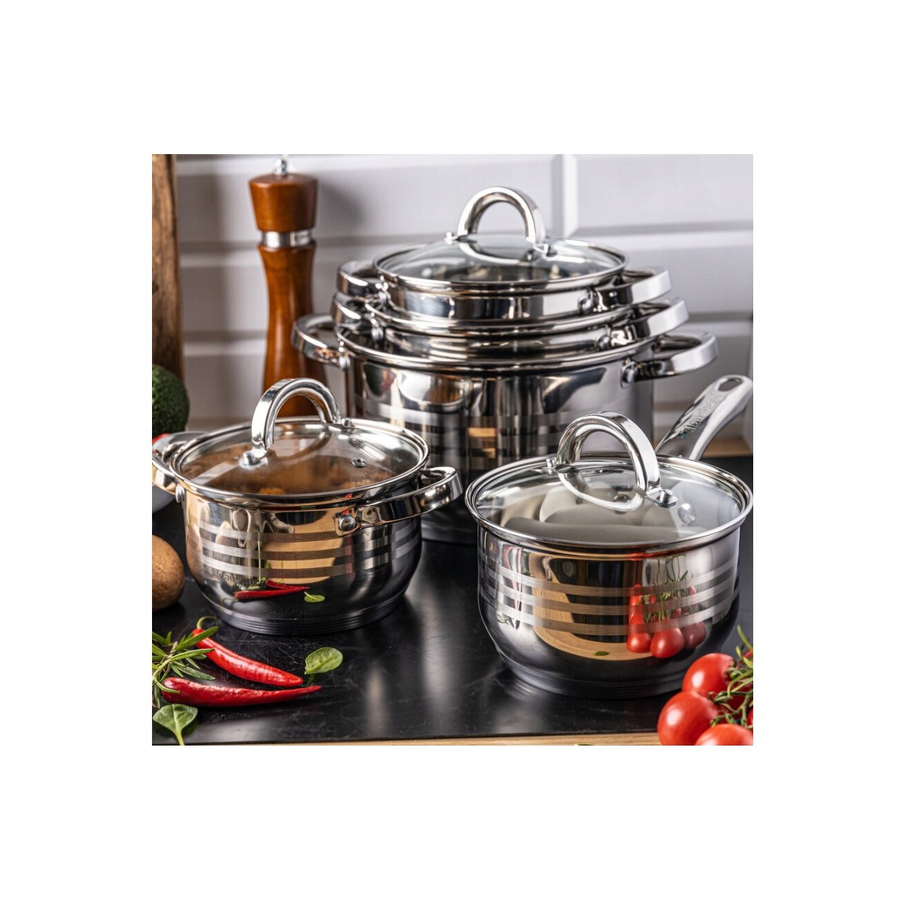 Set 5 oale, din inox, cu capac, manere argintii 16/18/20/24/16cm ...