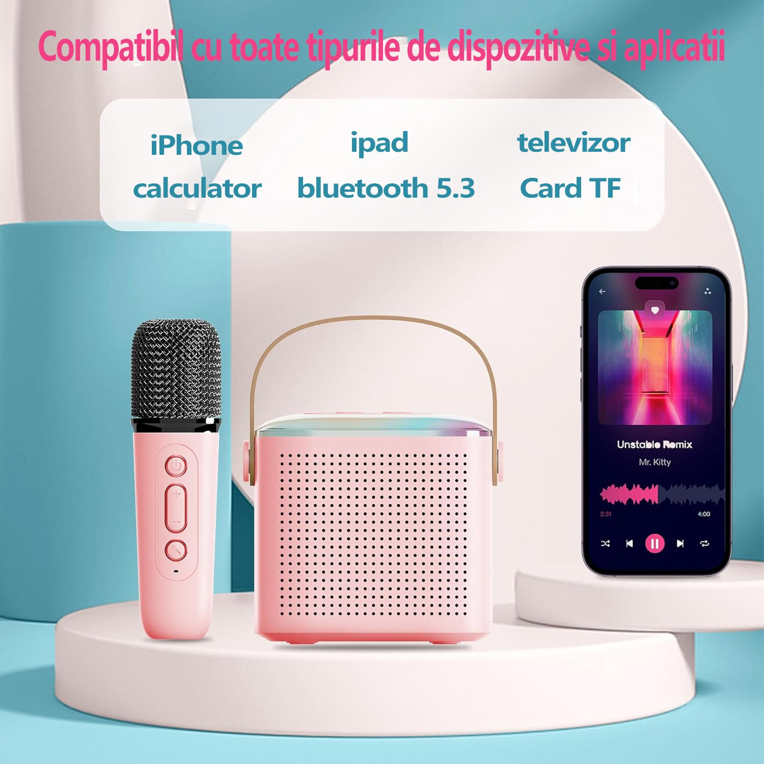 Set complet microfon inteligent si difuzor, Sundiguer, Bluetooth, Roz ...