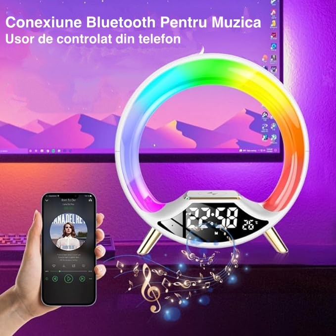 Lampa Smart VTM.® cu Incarcare Wireless, Boxa Bluetooth, Radio, Control ...
