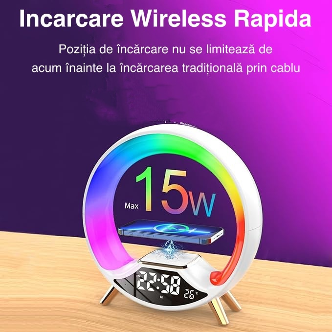 Lampa Smart VTM.® cu Incarcare Wireless, Boxa Bluetooth, Radio, Control ...