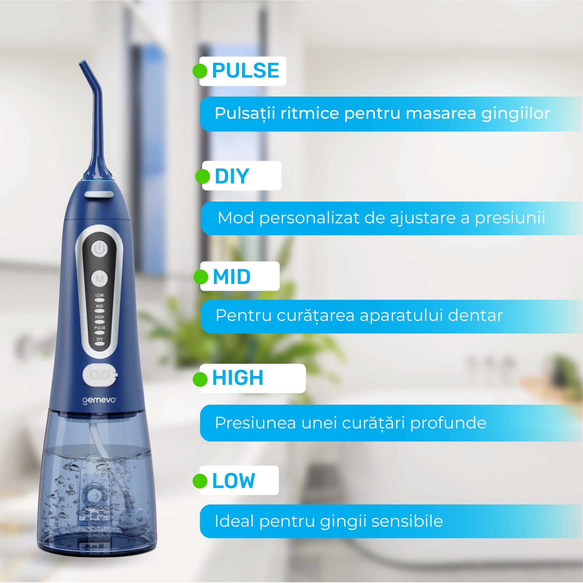 Irigator Oral Profesional pentru Dus Bucal, Gemevo® Family, 5 trepte de ...