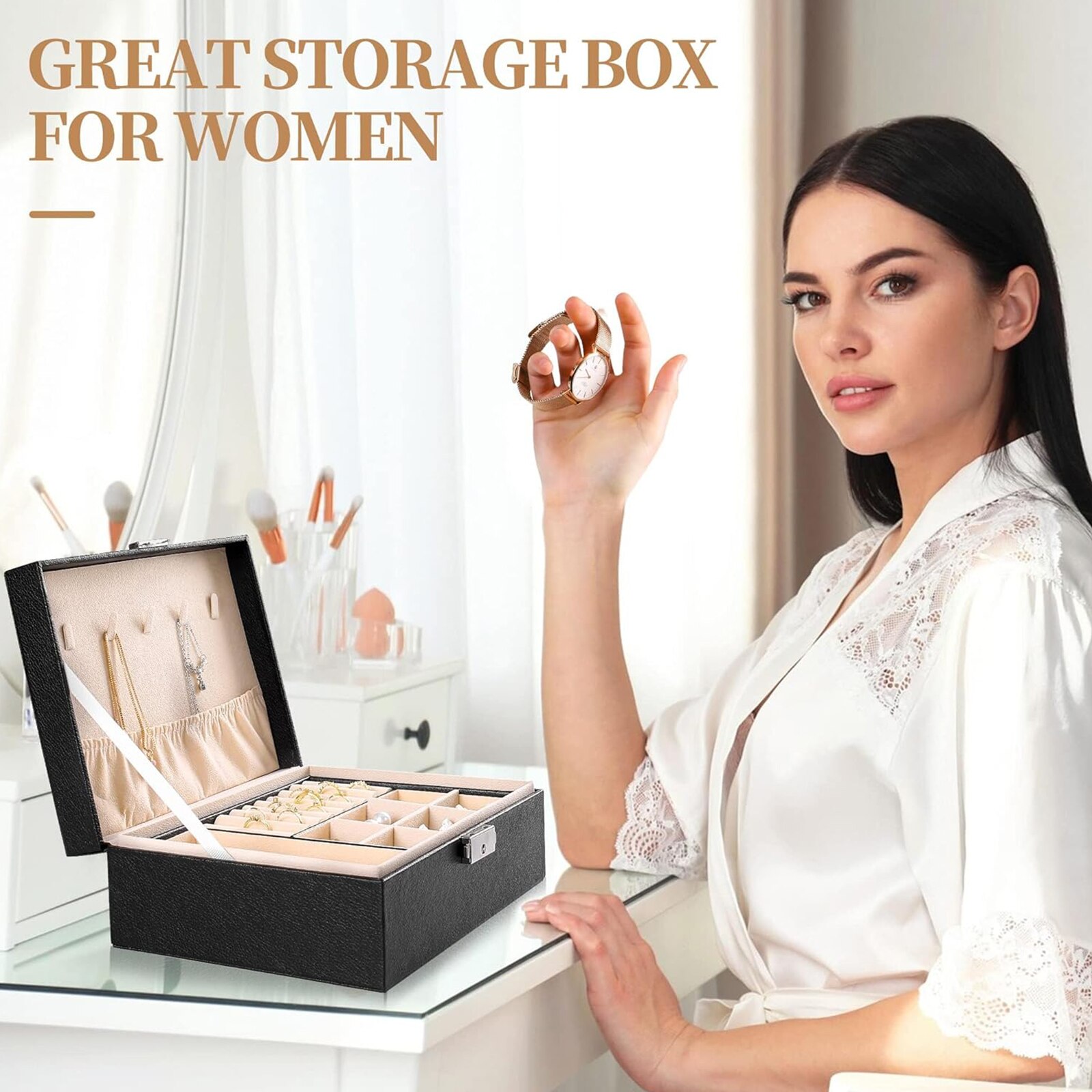 Cutie de bijuterii cu 2 nivele si cheita, NUODWELL, Design cu mai multe ...