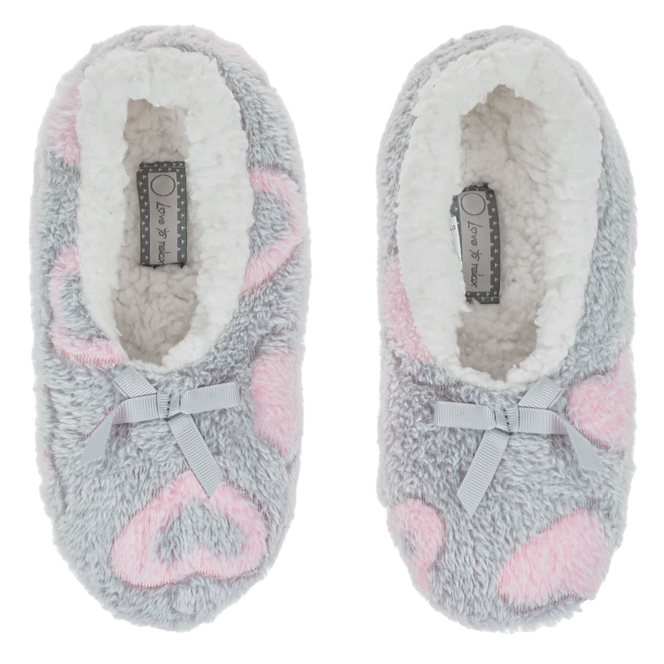 Botosi de casa pufosi, tip balerin, cu fundita, cu inimioare, gri/roz ...