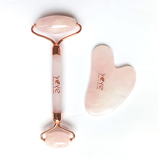 Комплект Ролер и Gua Sha Stone за масаж и релакс, Yeye, Quartz, Pink ...