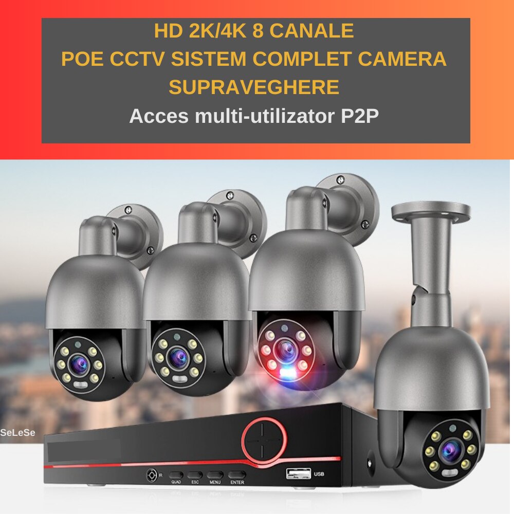 Kit Supraveghere SeLeSe cu 4 camere 8 mp (4K) IR 30m, ACCES MULTI- UTILIZATOR P2P, Microfon ...