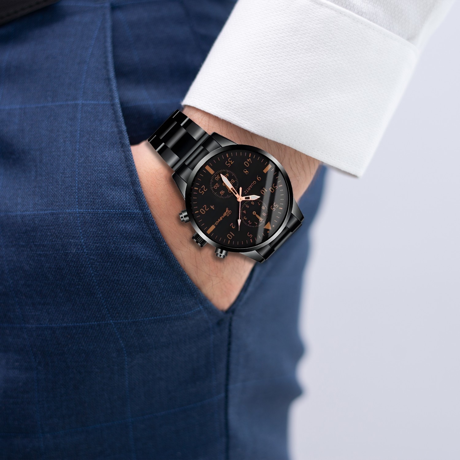 Ceas Barbatesc, Elegant, Quartz, Bratara din INOX Negru, Carcasa din ...