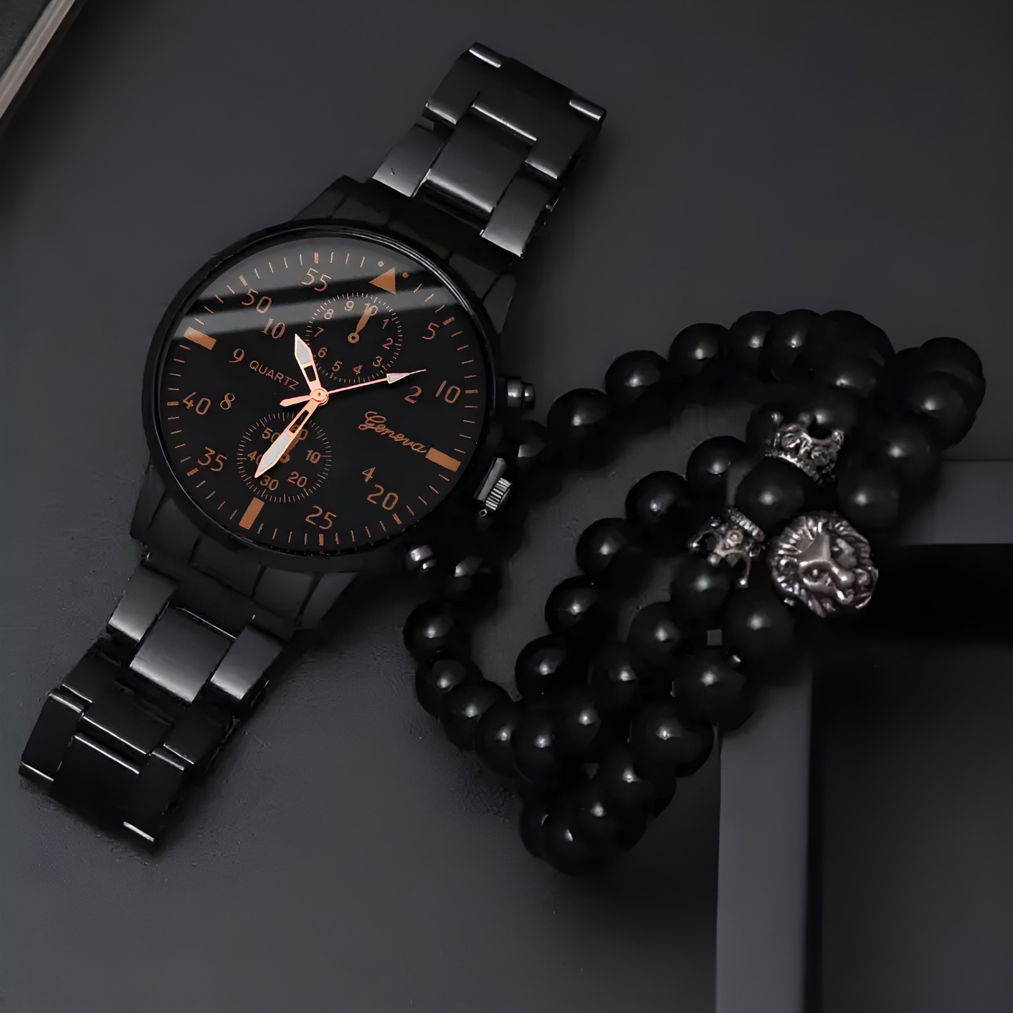 Ceas Barbatesc, Elegant, Quartz, Bratara din INOX Negru, Carcasa din ...