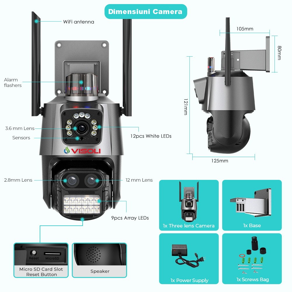 Camera de Supraveghere Tripla WIFI Visoli® P10 PRO Zoom, 3 Lentile ...