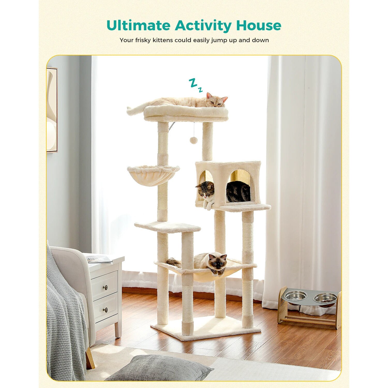 Copac pentru pisici, cu mai multe niveluri, din lemn, hamac spatios ...