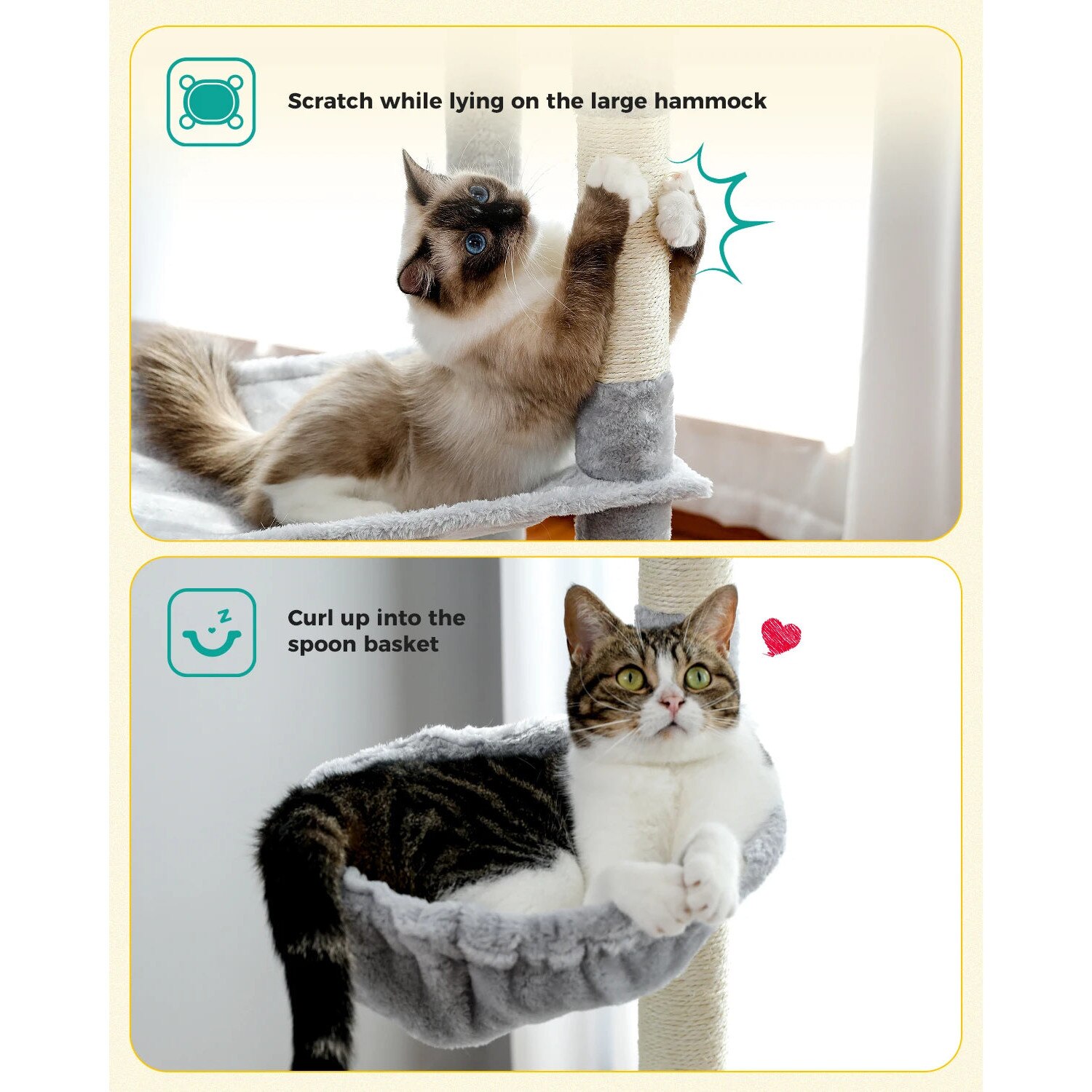 Copac pentru pisici, cu mai multe niveluri, din lemn, hamac spatios ...